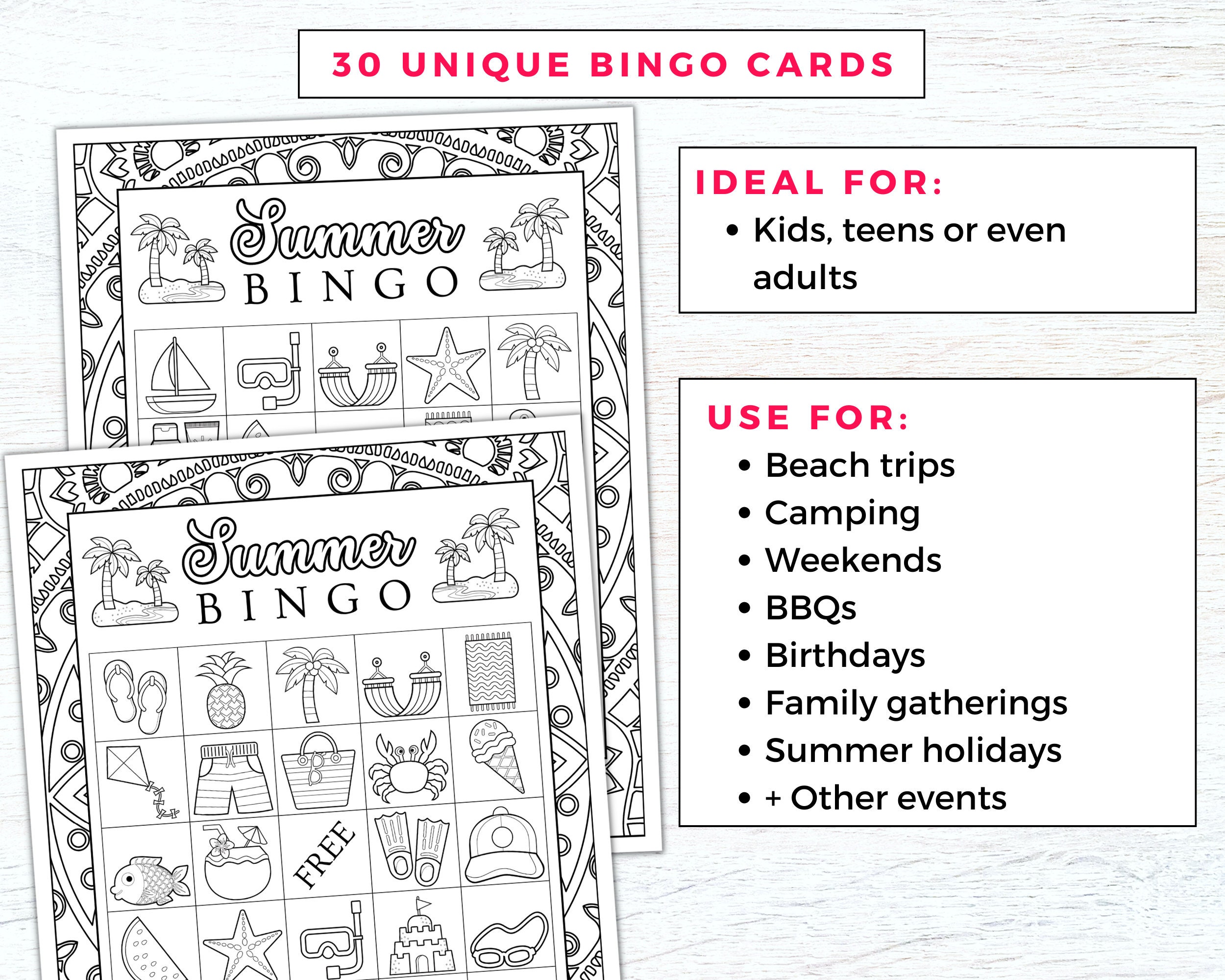Summer Bingo Cards Coloring Printable Summer Activities for - Etsy