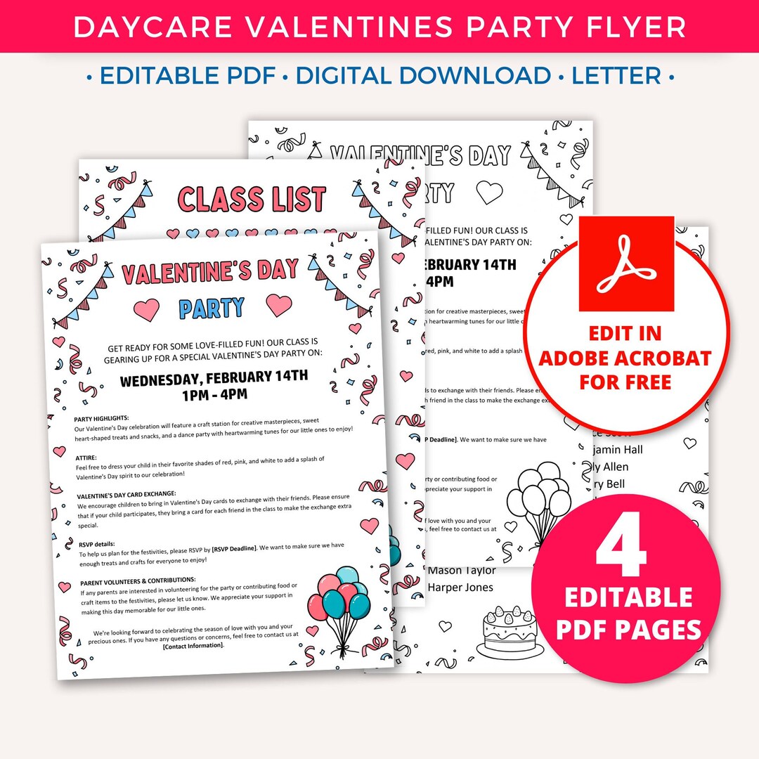 Valentines Day Daycare Party Letter Editable Template, Valentines Flyer ...