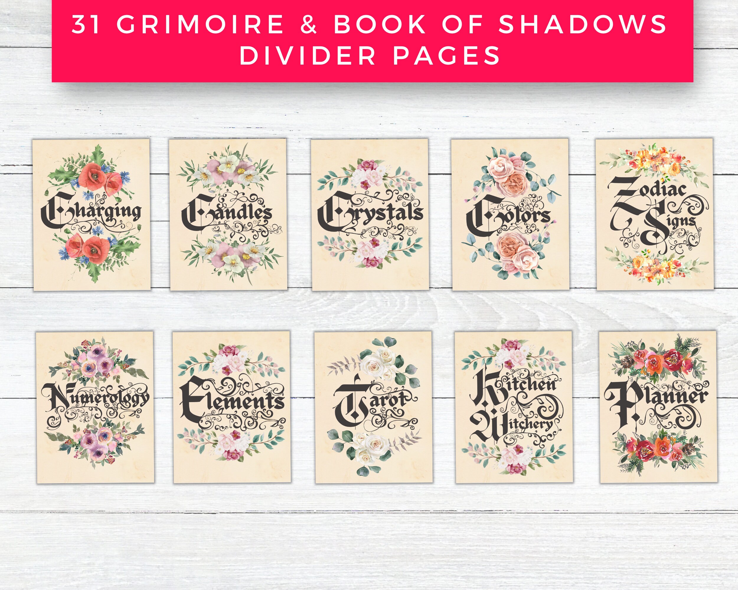 Witch Planner Dividers for Book of Shadows Grimoire Pages, Digital ...