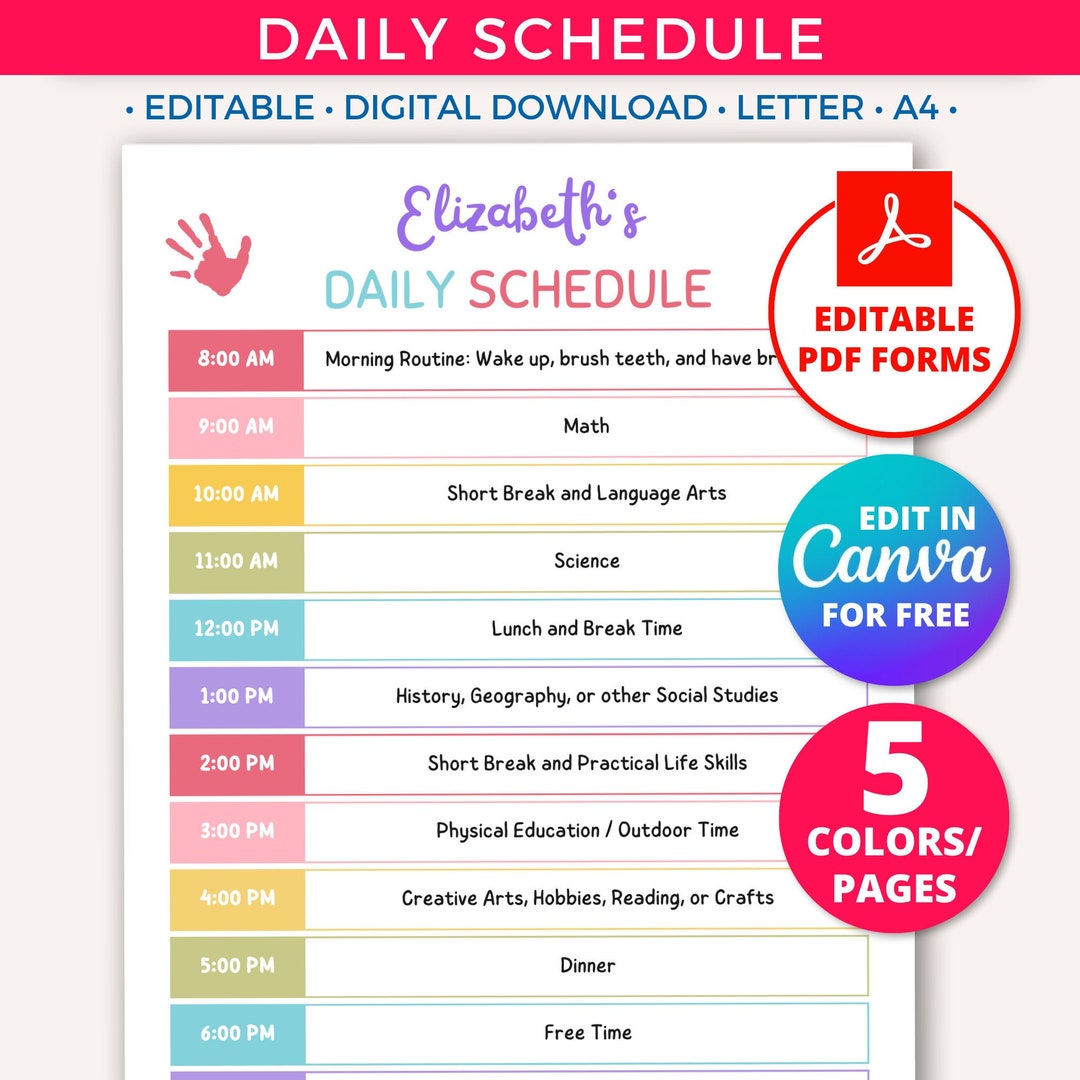 Editable Kids Daily Schedule Template Printable, Homeschool Kids Daily ...