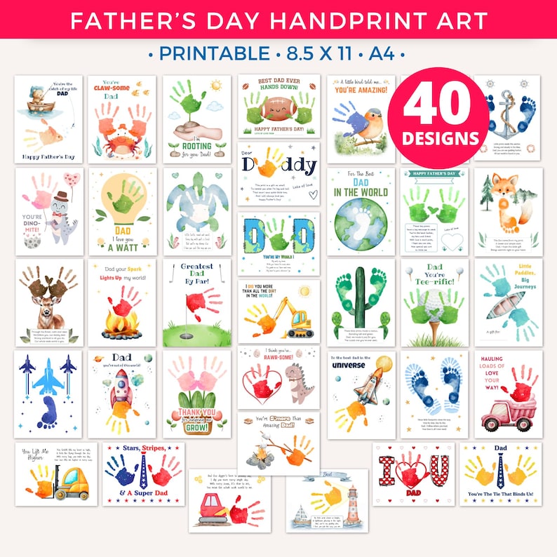 Printable Fathers Day Handprint Art Bundle, Footprint Craft Gift for ...