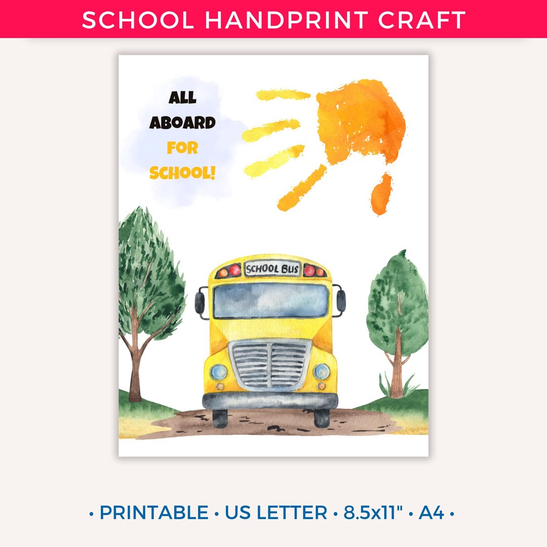 Back to School Handprint Printable Craft, Back to School Bus Handprint ...