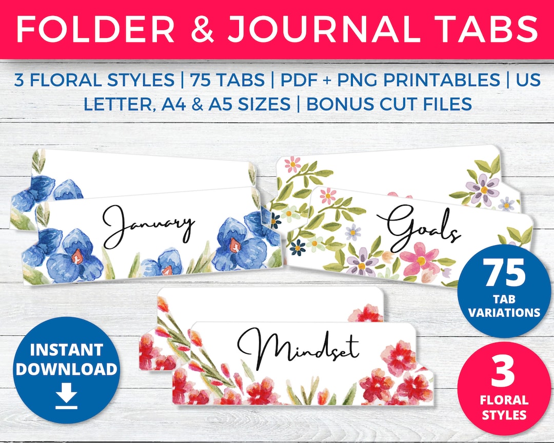 Floral Printable Planner Tabs, Folder & Journal Tabs | File Binder ...