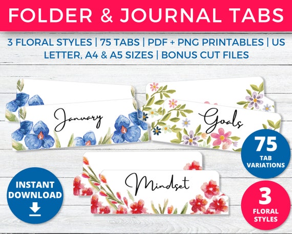 Floral Printable Planner Tabs Folder & Journal Tabs File | Etsy