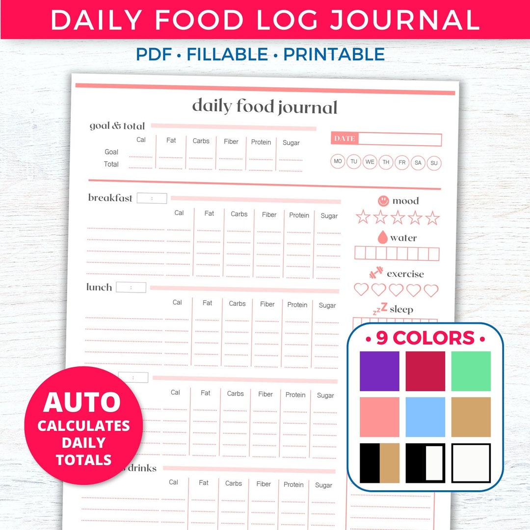 Food Tracker Fillable PDF, Daily Food Log, Calorie Tracker, Macro ...