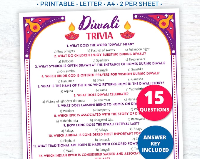 Diwali Trivia Game, Printable Quiz With Answers for a Diwali Party ...
