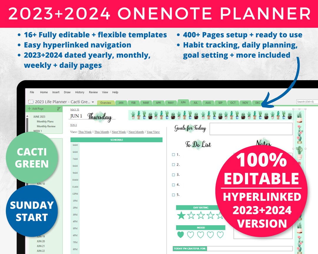 2023 2024 EDITABLE Onenote Digital Planner cacti, Dated Hyperlinked ...