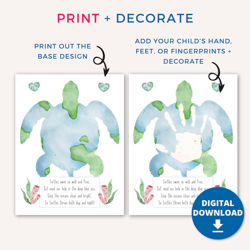 Turtle Earth Day Handprint Craft Art for Kids Toddler, Printable DIY ...