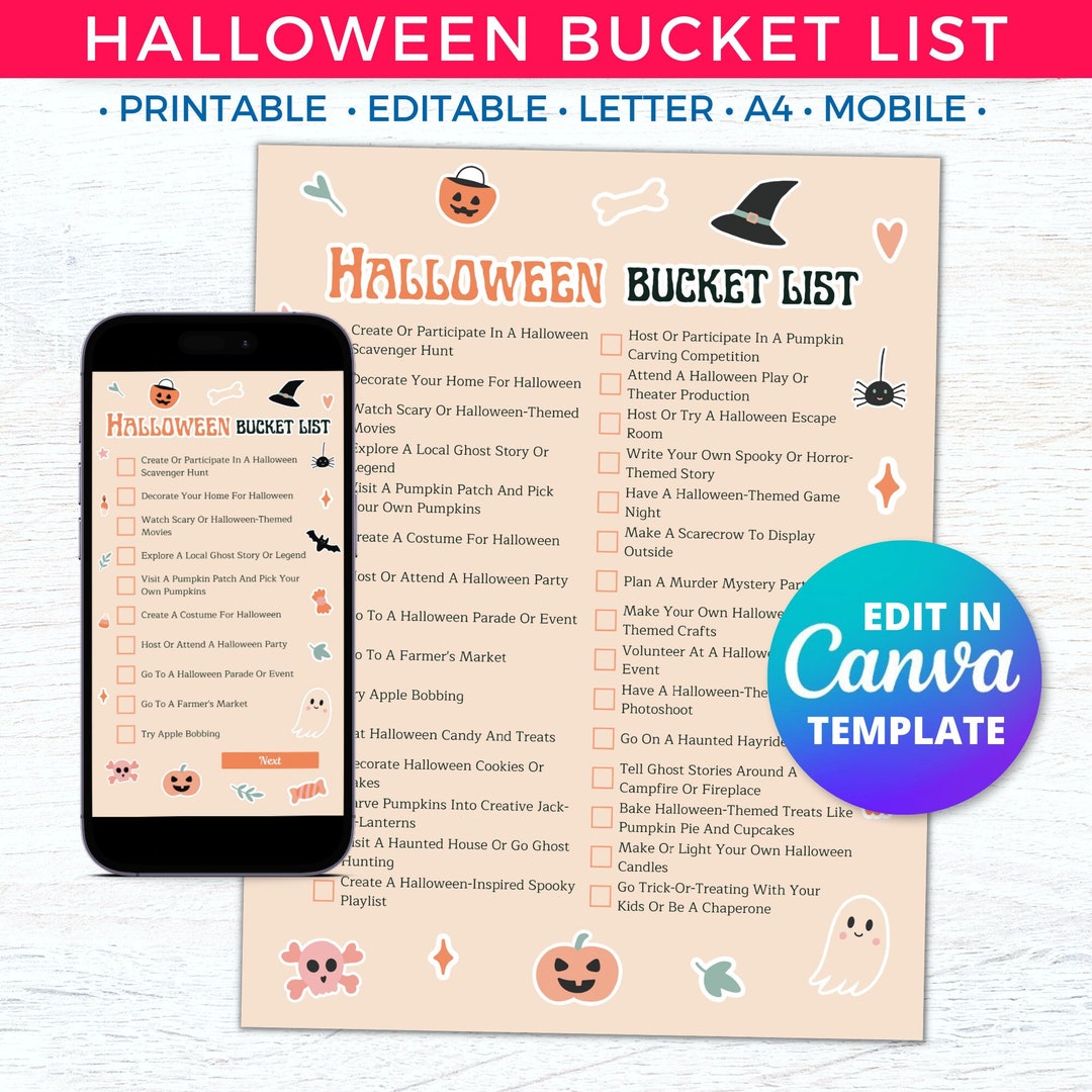 Halloween Bucket List Printable, Bucket List, Editable Halloween Custom ...