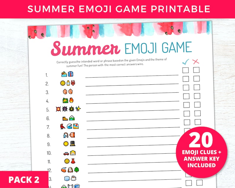 Summer Emoji Game, Summer Activities, Summer Printable Games for Family ...