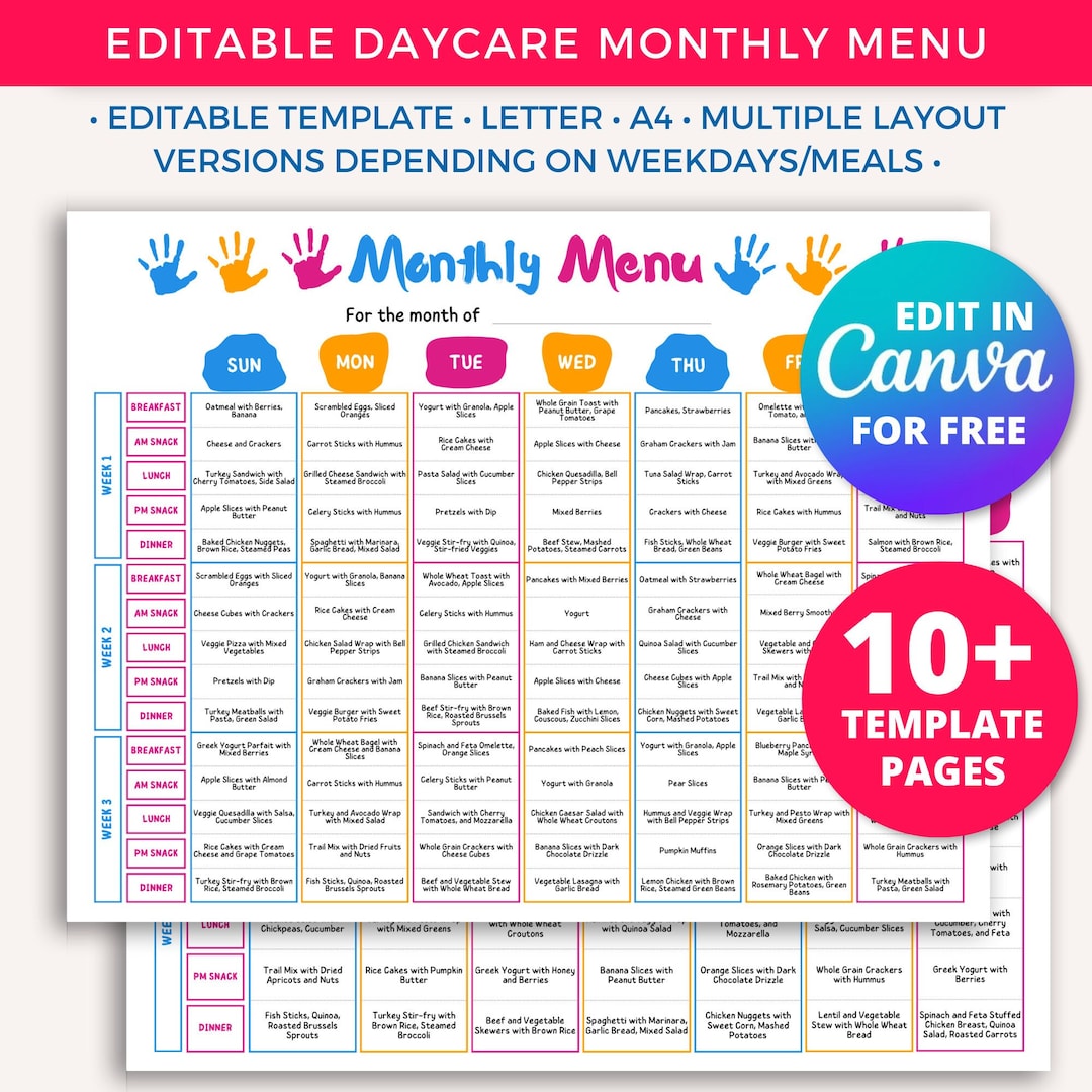 Editable Daycare Monthly Menu Template, in Home Daycare Daily Schedule ...