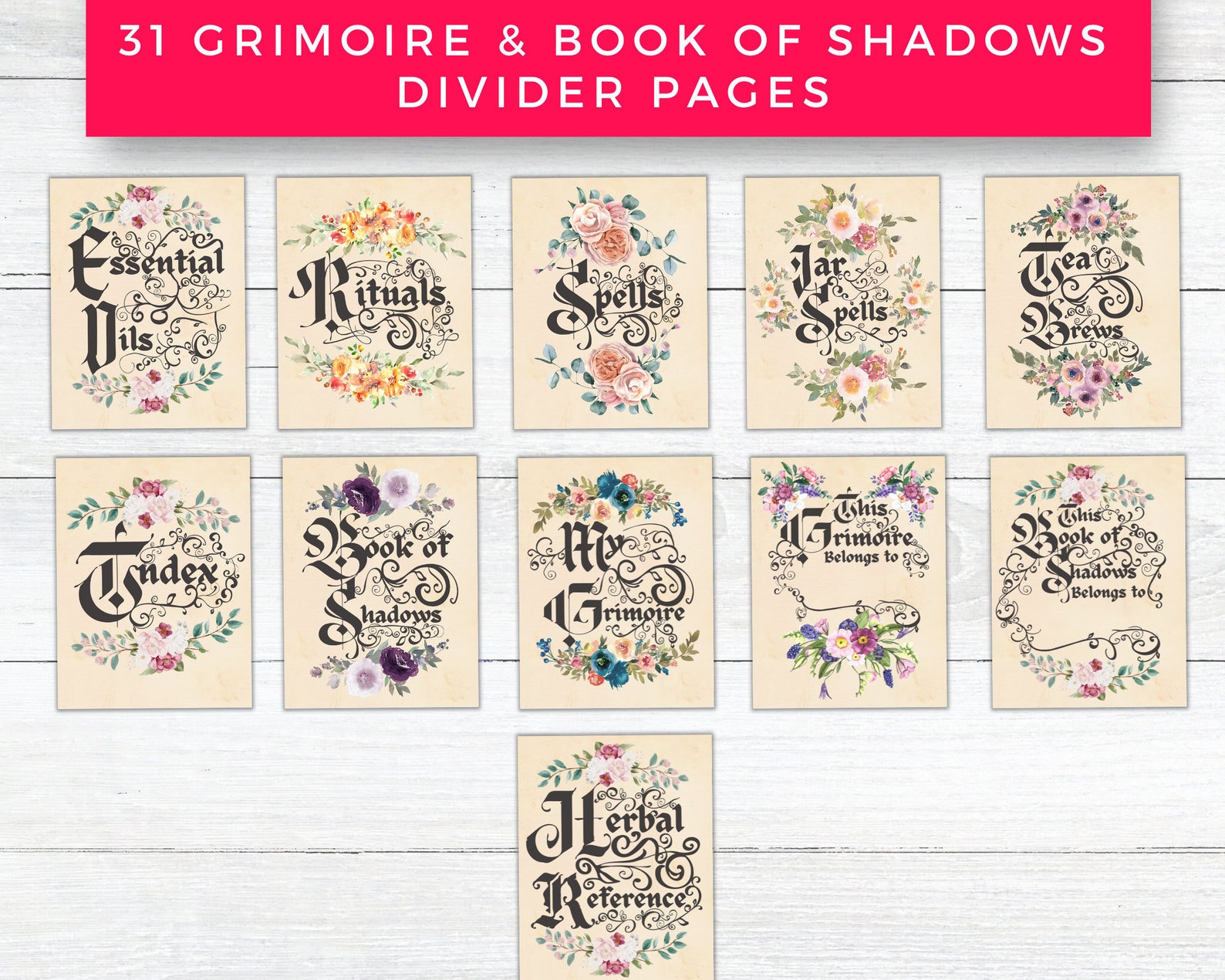 Witch Planner Dividers for Book of Shadows Grimoire Pages, Digital ...