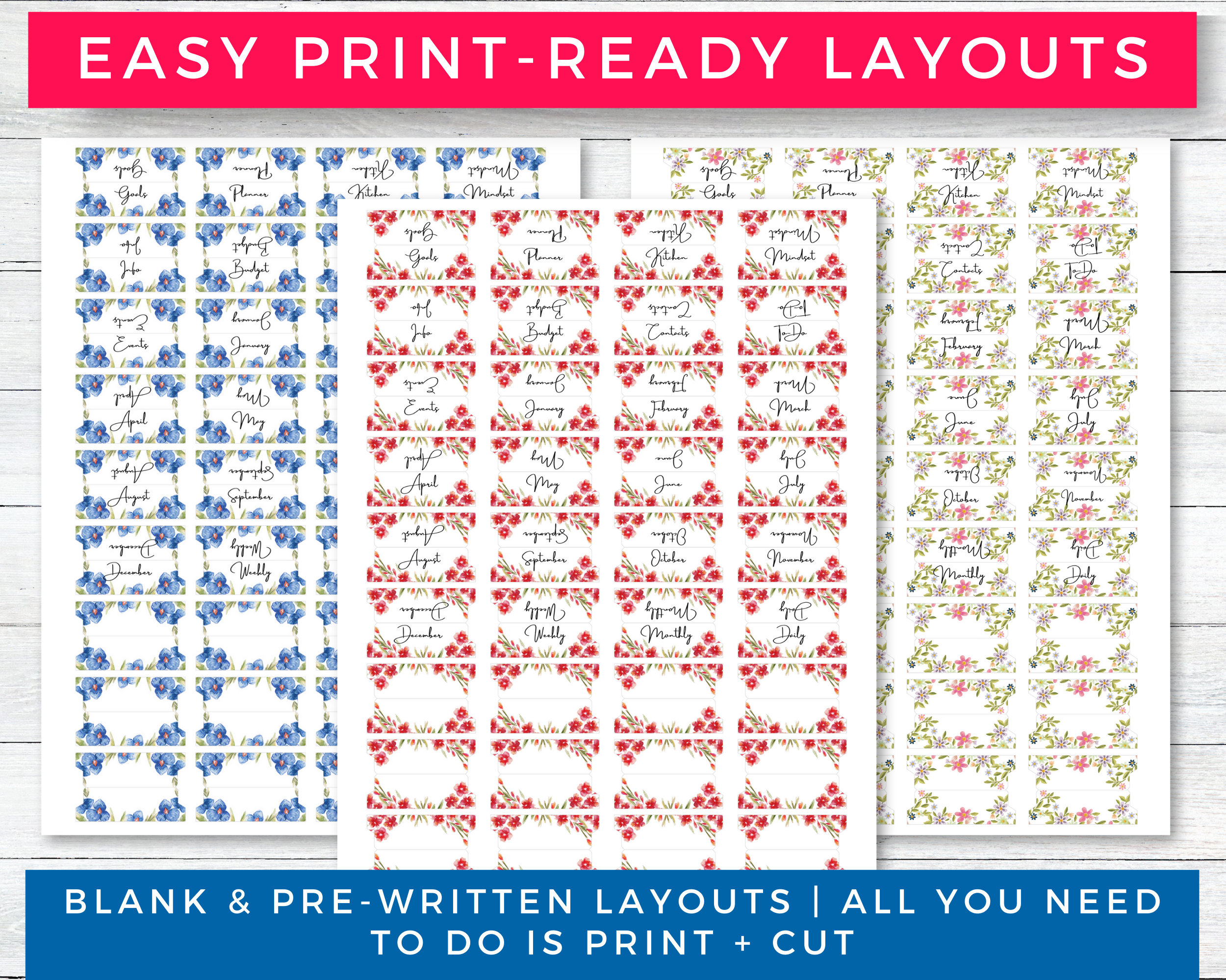 Floral Printable Planner Tabs, Folder & Journal Tabs | File Binder ...