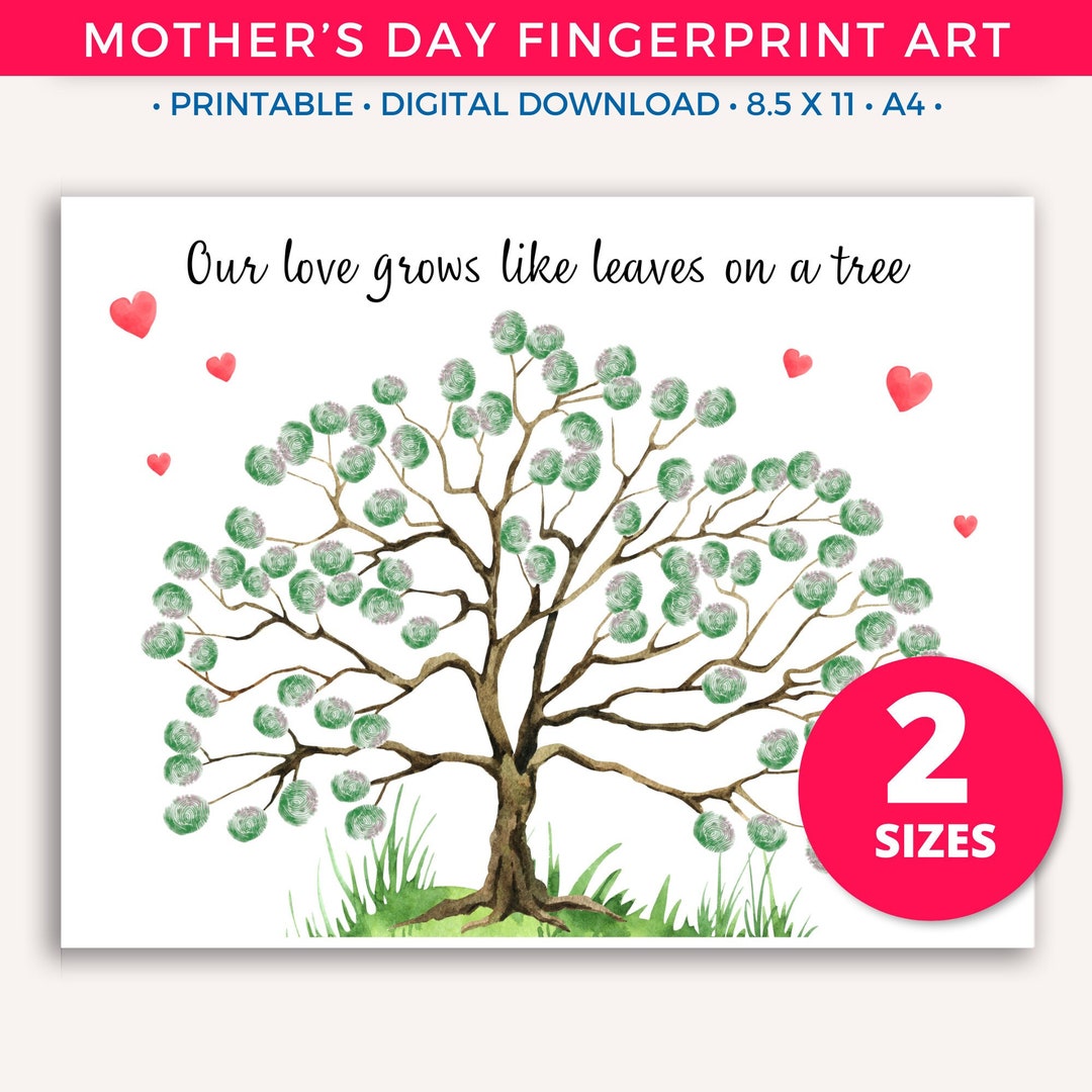 Printable Mothers Day Fingerprint Tree Wall Art, Thumbprint Handprint ...