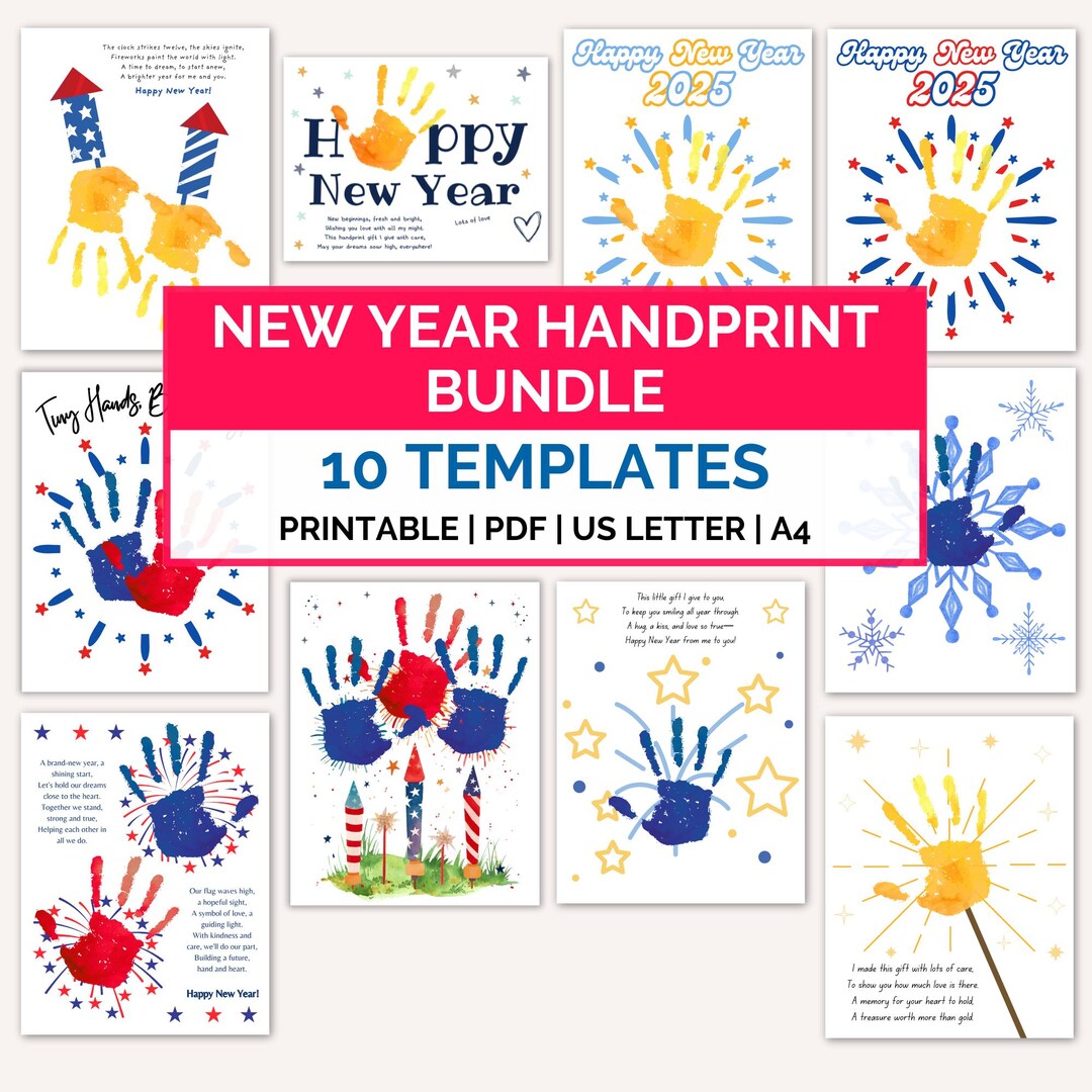 Happy New Year Handprint Craft Bundle, New Year Handprint Art Printable ...