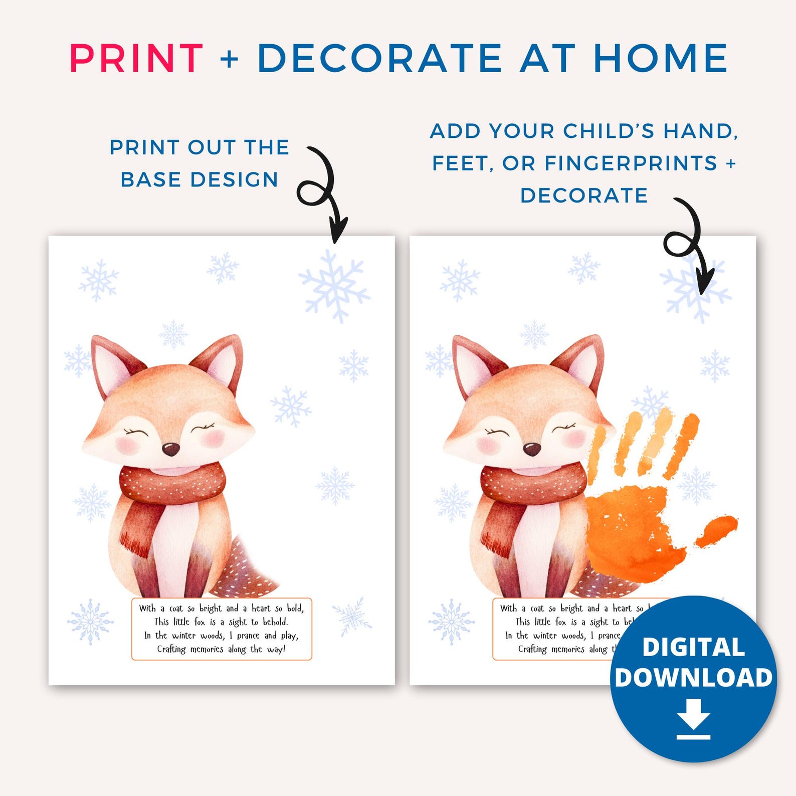 Fox Winter Handprint Craft, Winter Handprint Art Printable for Toddler ...