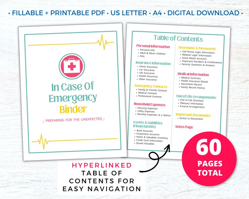 Family in Case of Emergency Binder Printable + Fillable PDF, Just in ...