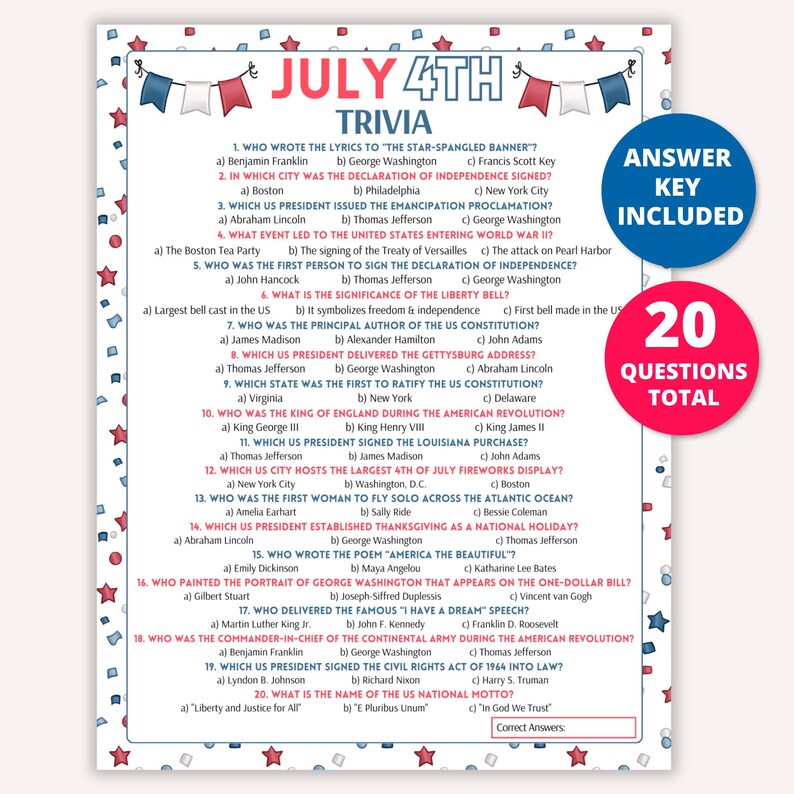 Fourth of July Trivia Game, 4th of July Printable Party Game, Patriotic ...