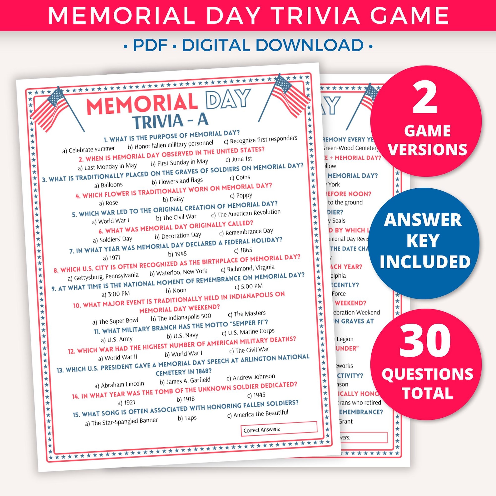 Memorial Day Trivia Game Printable, Memorial Day Party Games for Kids ...