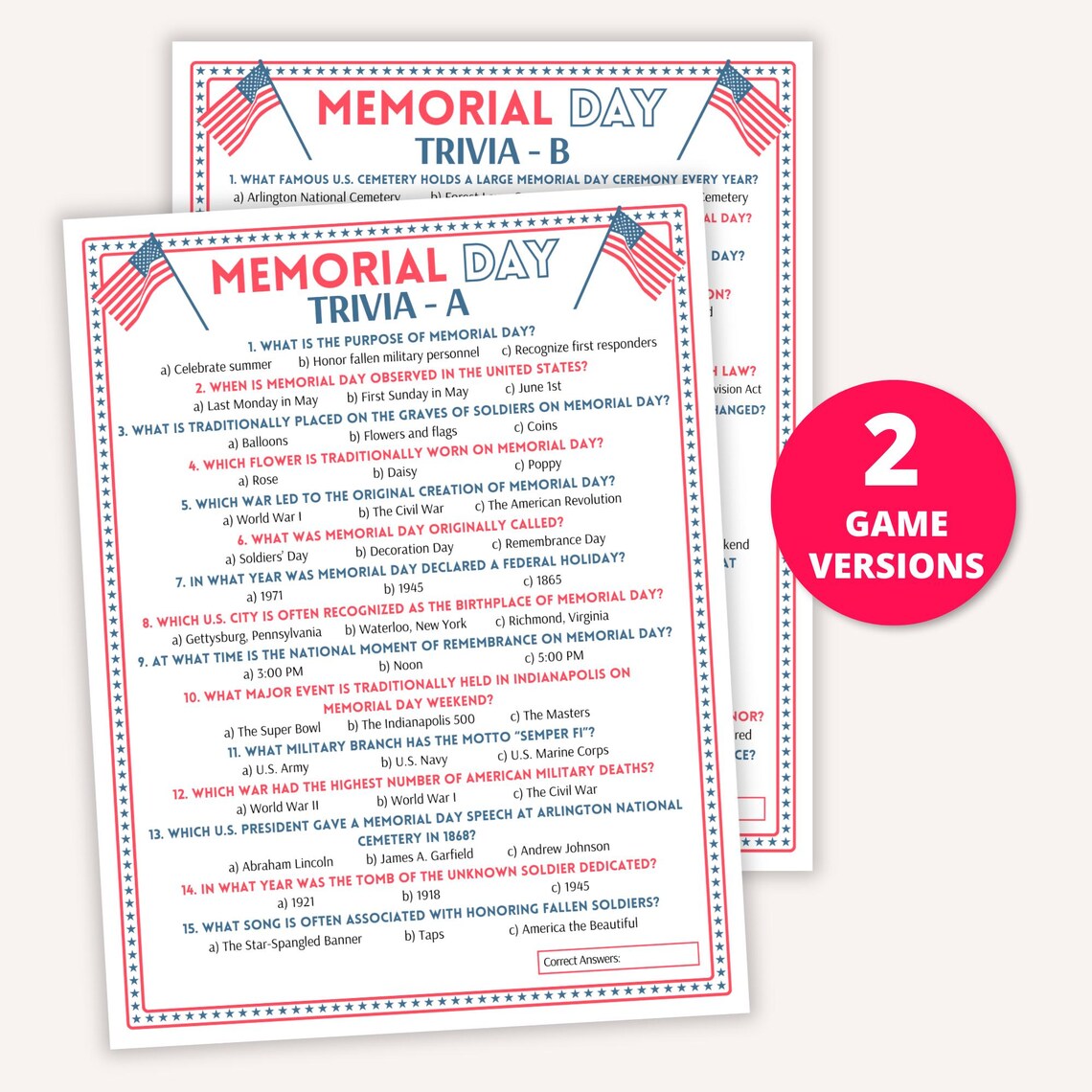 Memorial Day Trivia Game Printable, Memorial Day Party Games for Kids ...