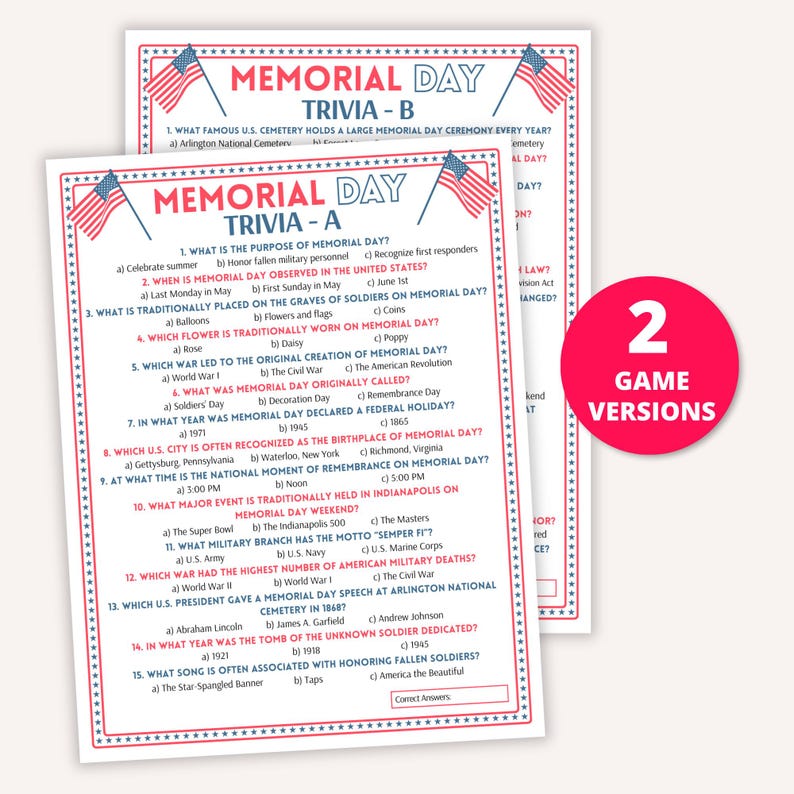 Memorial Day Trivia Game Printable, Memorial Day Party Games for Kids ...