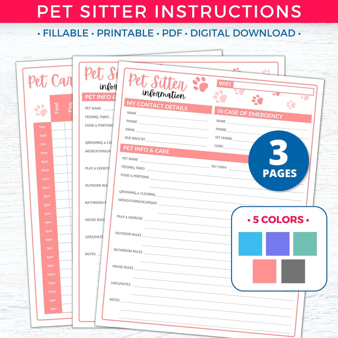 Pet Sitter Instructions, Pet Sitter Notes, Pet Sitter Form, Pet Sitter ...