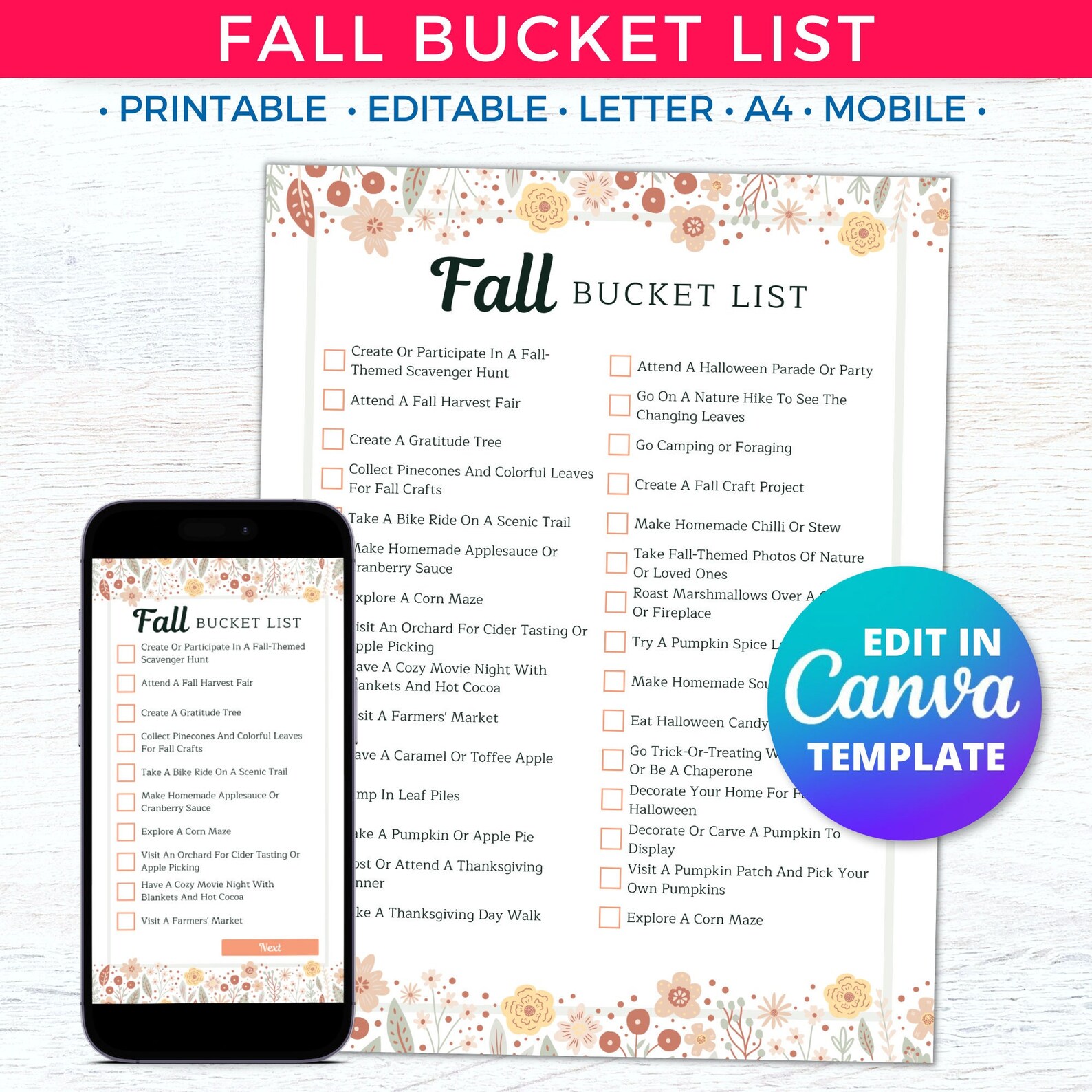 Fall Bucket List Printable Bucket List Editable Custom - Etsy