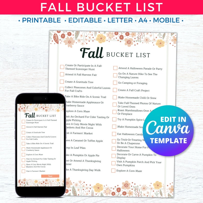 Fall Bucket List Printable Bucket List Editable Custom - Etsy