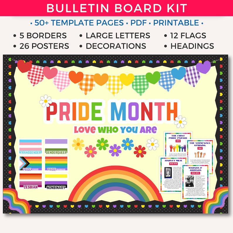 LGBTQ+ Pride Month Bulletin Board Kit, Printable Pride History Month ...