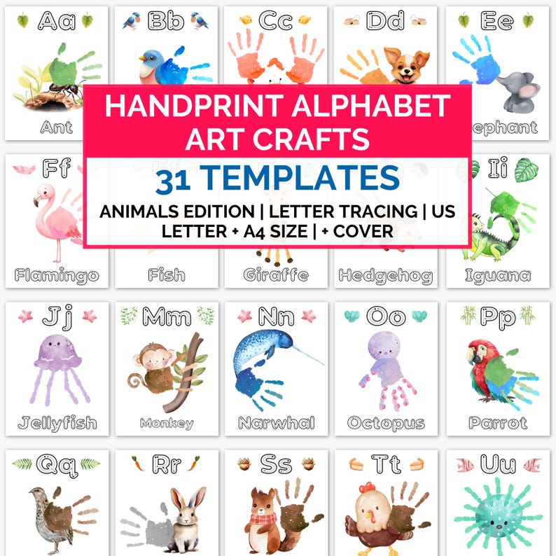 ABC A-Z Alphabet Animal Handprint Book Printable, Alphabet Handprint ...