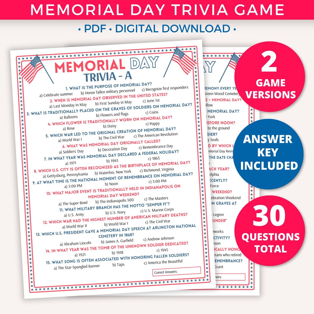 Memorial Day Trivia Game, Memorial Day Games for the Office, Printable ...