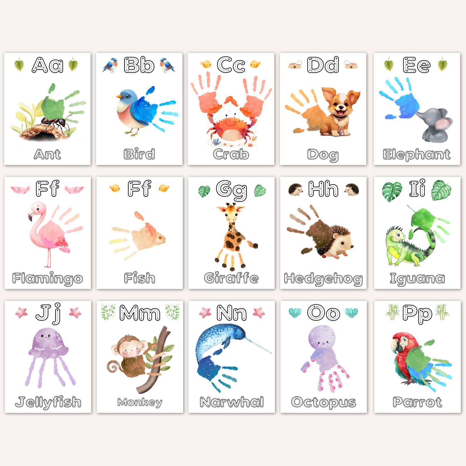 ABC A-Z Alphabet Animal Handprint Book Printable, Alphabet Handprint ...