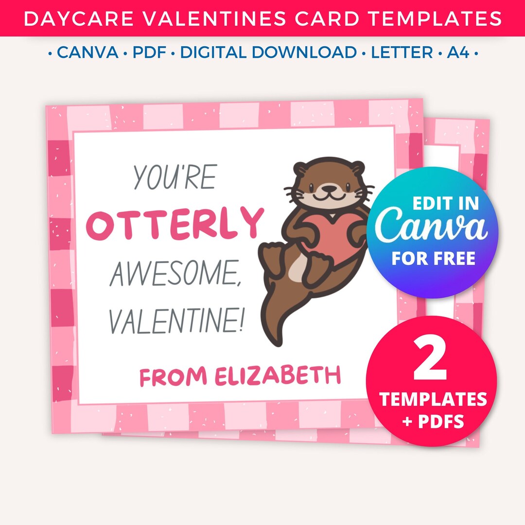 Otter Valentines Card Editable Template, Daycare Valentines Day ...