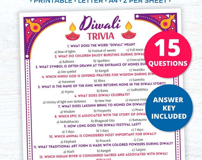 Diwali Trivia Game, Printable Quiz With Answers for a Diwali Party ...