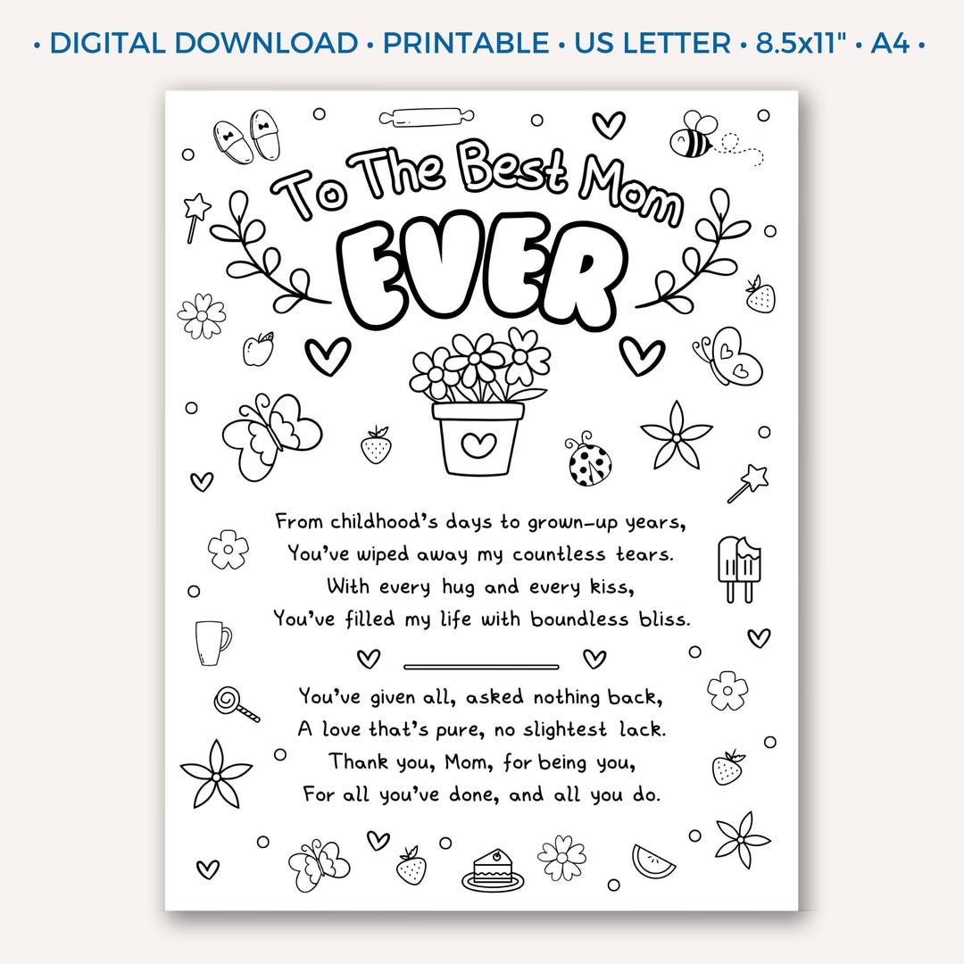 Best Mom Ever Coloring Page Printable, Mothers Day Activity, Mother's ...