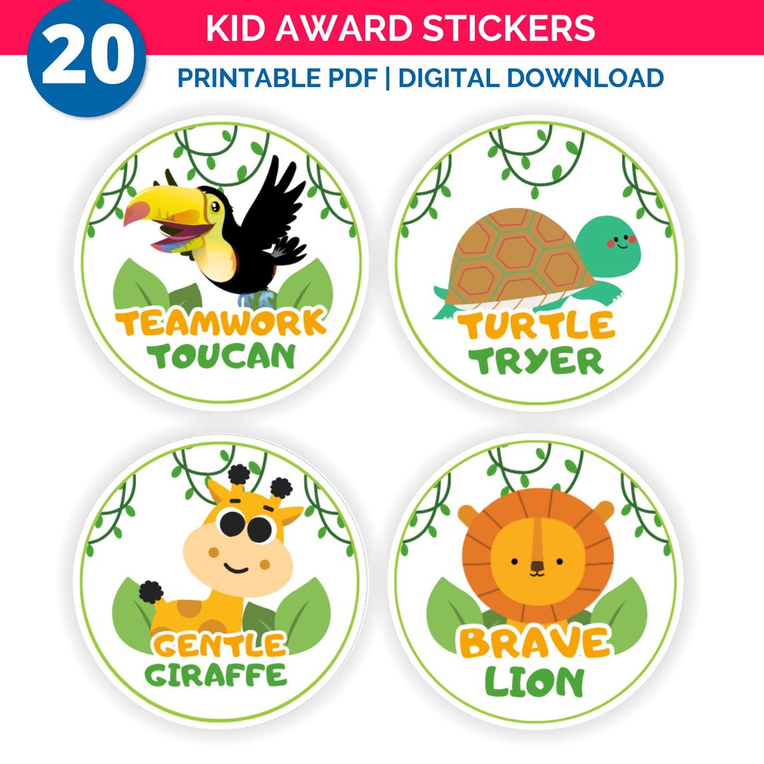 Jungle Animal Funny Kids Awards, Printable Award Stickers for End of ...