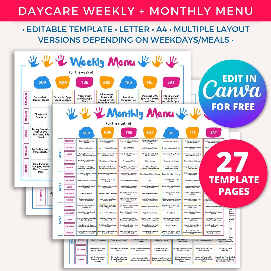 Editable Daycare Weekly Menu + Daycare Monthly Menu Template, Daycare ...