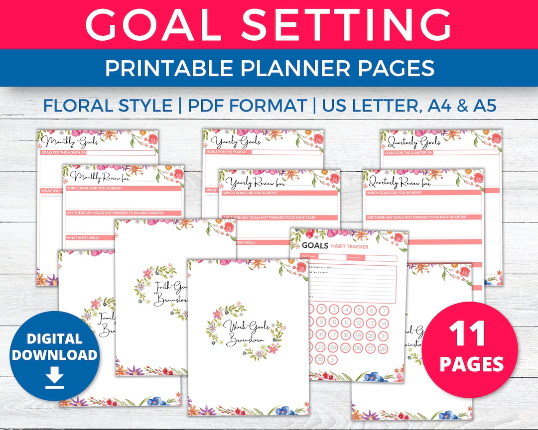 Goal Setting + Goal Review Planner + Worksheet Printable Pages ...