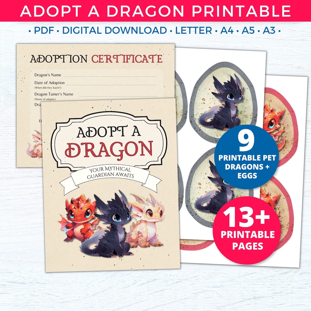 Adopt a Dragon Party Favors Printables, Pet Dragon Adoption Certificate, Adopt a Pet Dragon ...