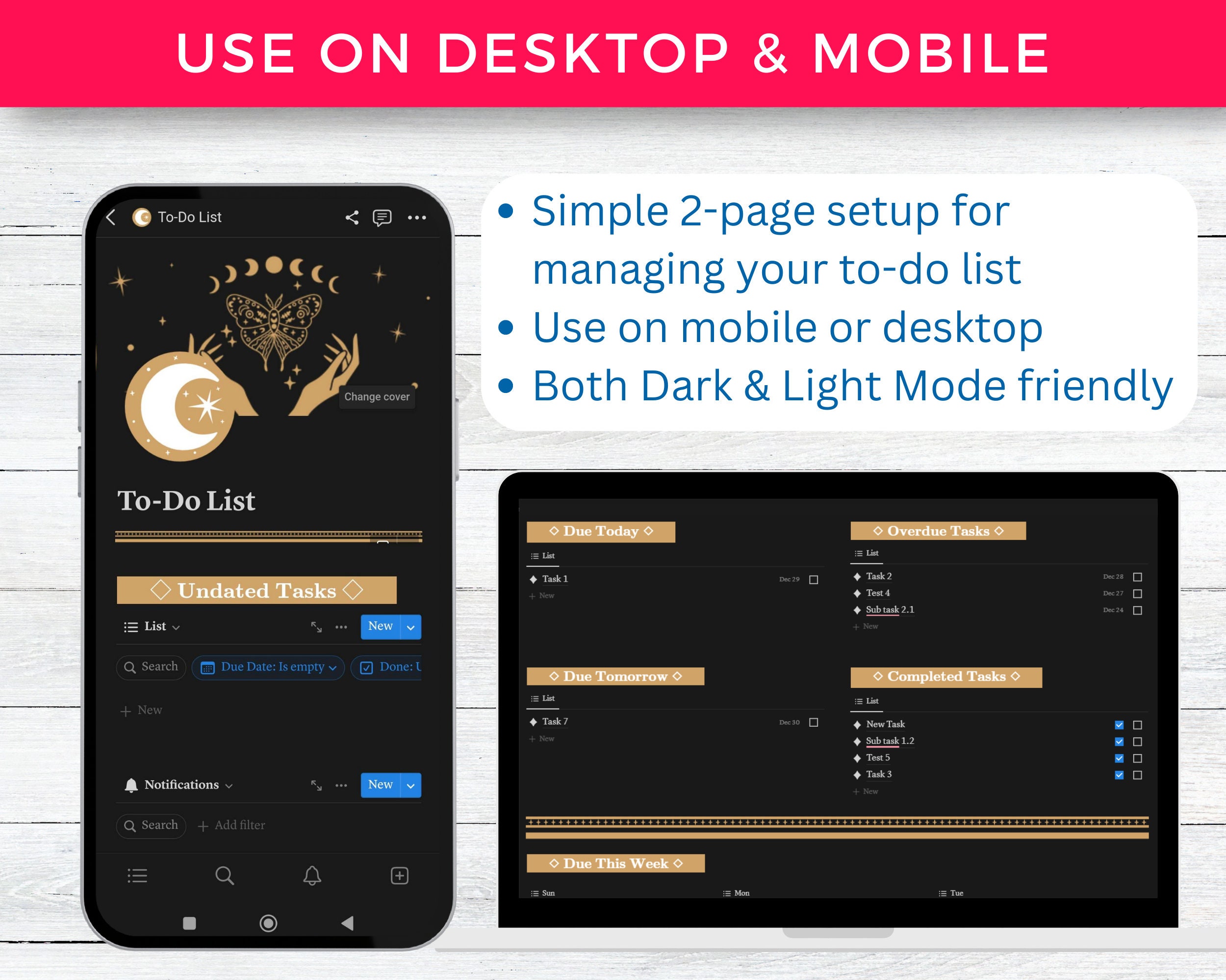 Notion Template Digital to Do List Minimal Dark Mode - Etsy
