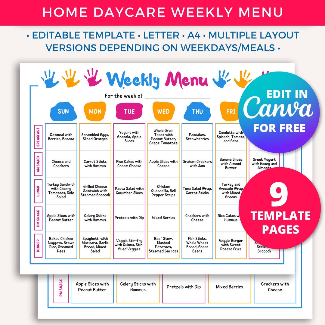 Editable Daycare Weekly Menu Template, Daycare Daily Schedule for Menu ...