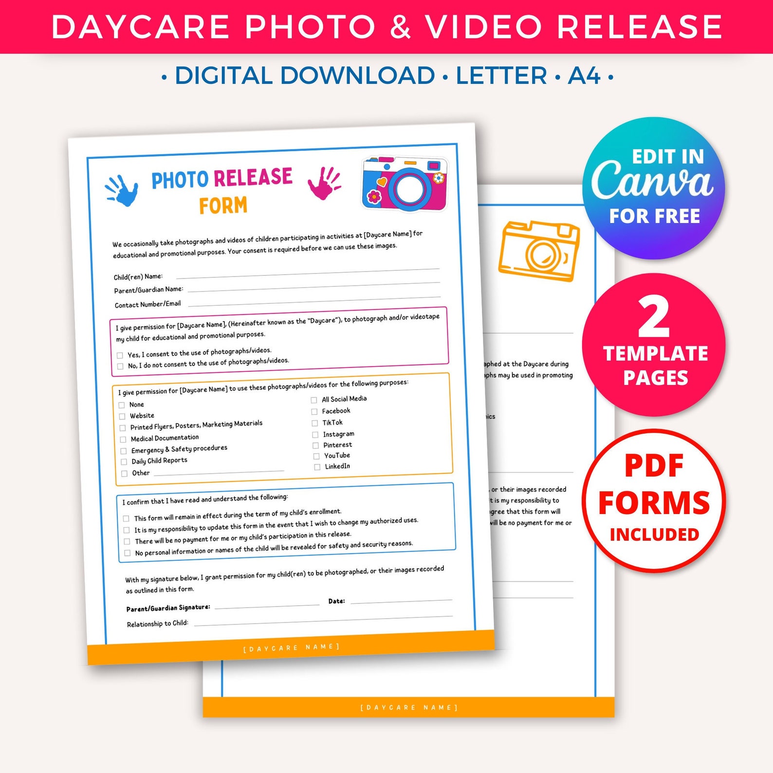 Daycare Photo Release Form, Home Daycare Forms, Childcare Forms ...