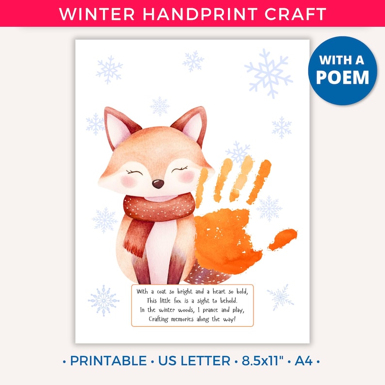 Fox Winter Handprint Craft, Winter Handprint Art Printable for Toddler ...