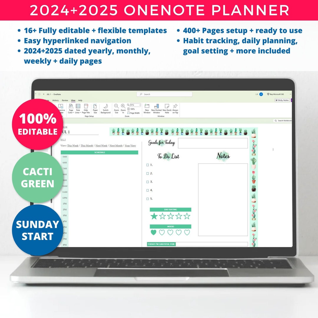 2024 + 2025 EDITABLE Onenote Digital Planner (cacti), Dated Hyperlinked ...