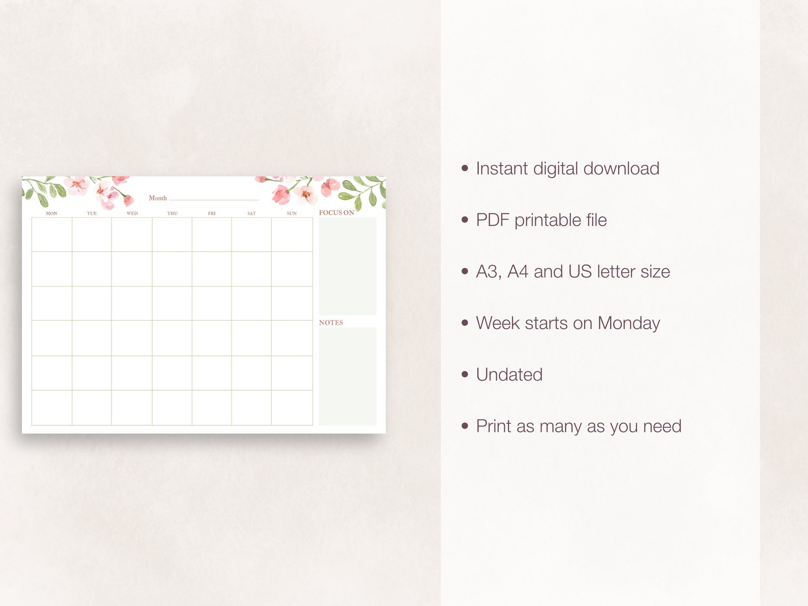 Undated Monthly Planner Printable, Printable Desk Monthly Planner ...
