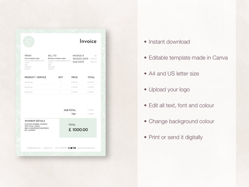 Template Invoice Editable in Canva Invoice Template Download Printable ...
