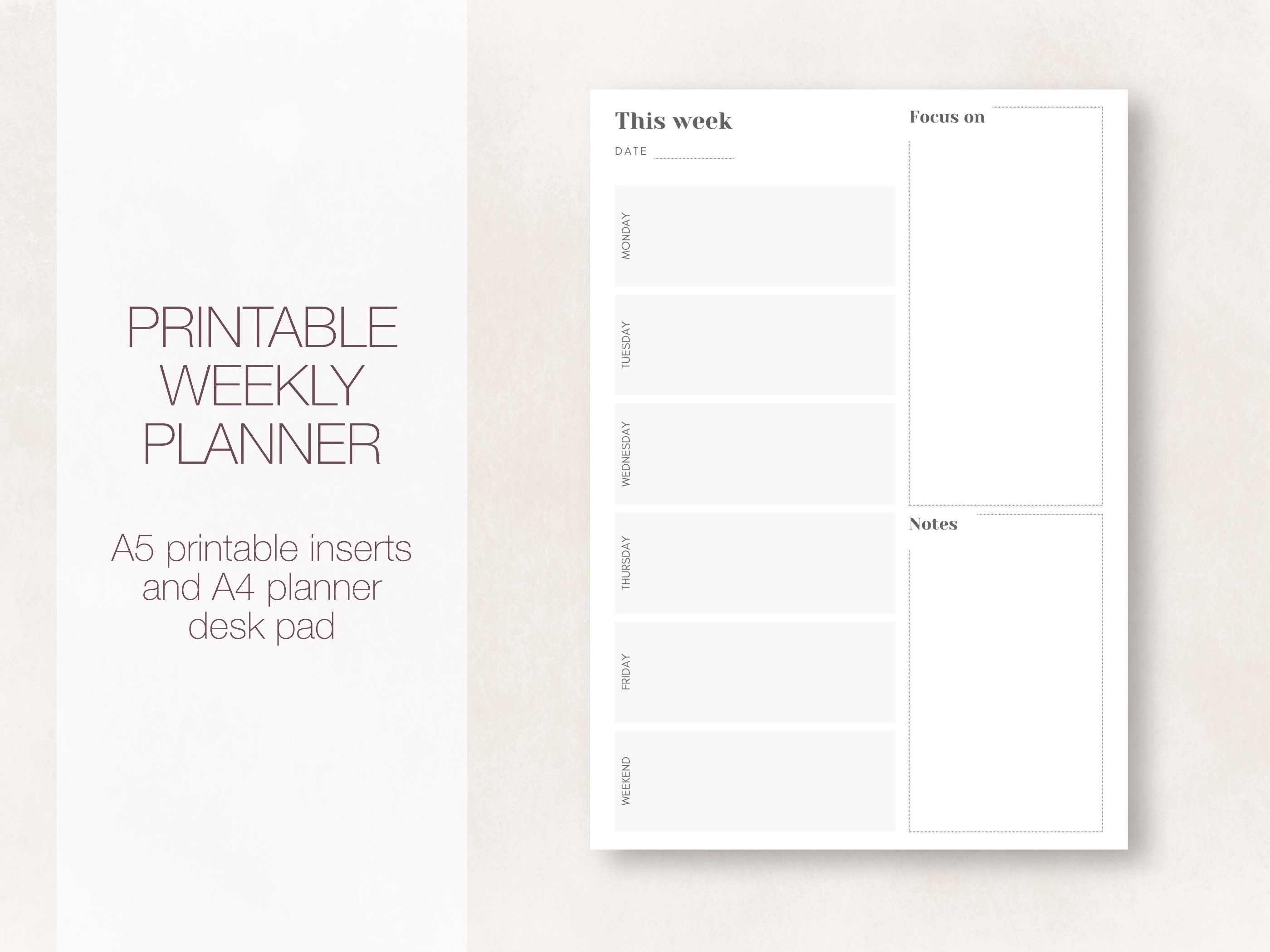 A5 Weekly Planner Printable Inserts and A4 Desk Weekly Planner Instant ...