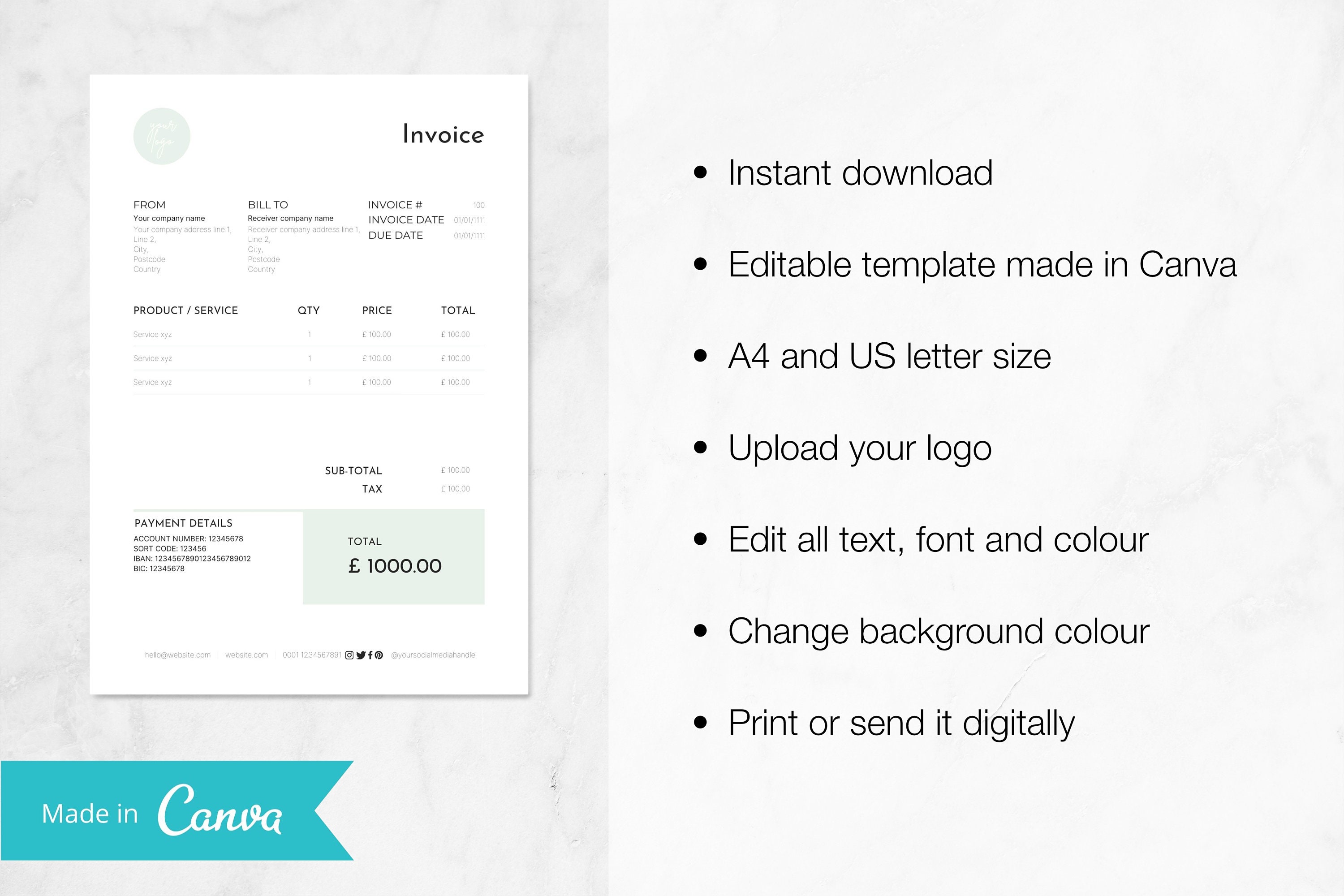 Template invoice editable in Canva invoice template download | Etsy
