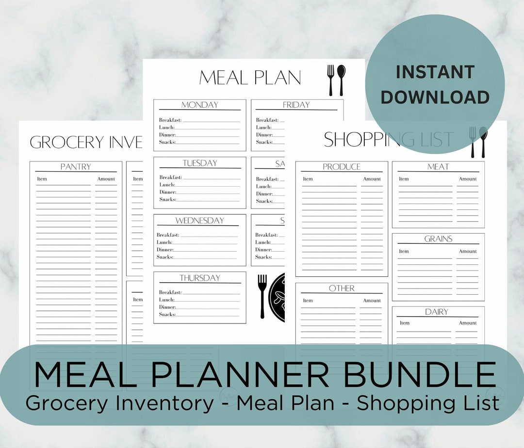 Printable Meal Planner Bundle, Grocery Inventory, Shopping List, Food ...