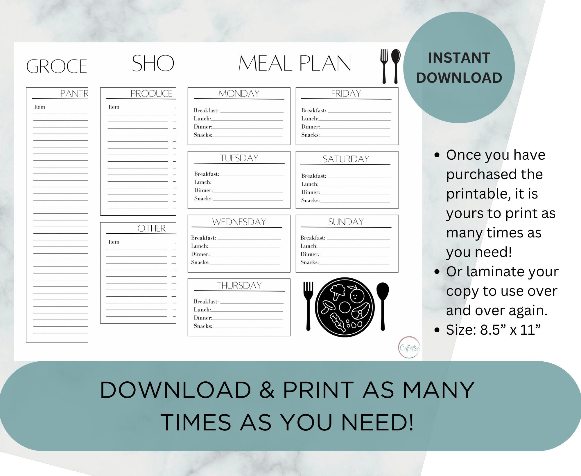 Printable Meal Planner Bundle, Grocery Inventory, Shopping List, Food ...